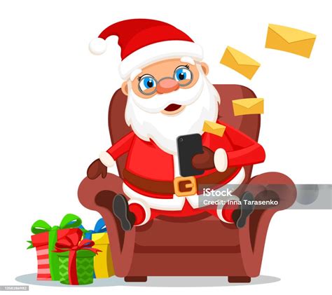 산타 클로스는 의자에 앉아 메시지 문자를받습니다 즐거운 성탄절 12월 31일에 대한 스톡 벡터 아트 및 기타 이미지 12월 31일 겨울 귀여운 Istock