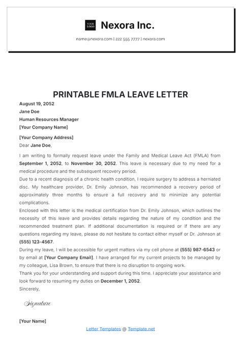 Free Printable Fmla Leave Letter Template To Edit Online