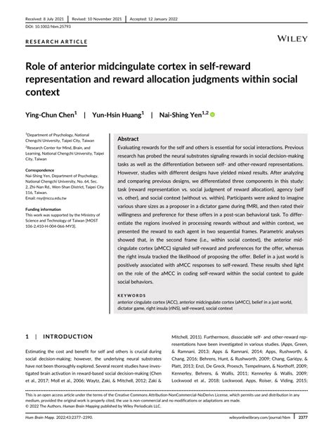 Pdf Role Of Anterior Midcingulate Cortex In Self‐reward Representation And Reward Allocation