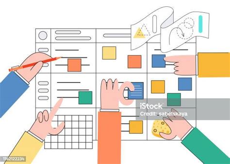 스크럼의 벡터 일러스트 레이 션은 세련 된 플랫 스타일에서 소프트웨어 개발에 팀워크의 계획 기법 시력에 대한 스톡 벡터 아트 및