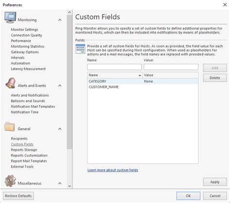 Using Custom Fields Ping Monitor