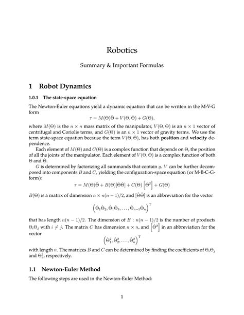 Robot Dynamics Newton Euler Summary Robotics Summary And Important