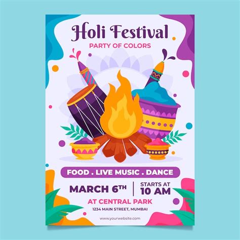 홀리 축제 축하를 위한 수직 포스터 템플릿 프리미엄 벡터