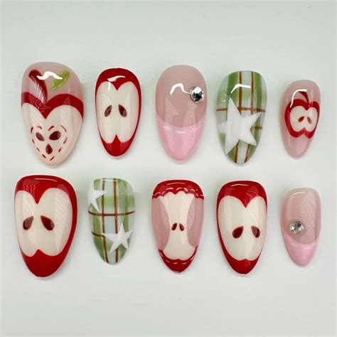 Handmade Red Apple Cute Fruit Plaid Green Press On Nails K65 Long