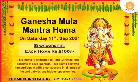 Ganesha Mula Mantra Homam On Saturday 11th Sep 2021 Vyasi Vedic