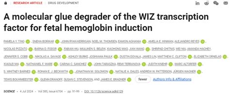 Science：一种诱导胎儿血红蛋白表达的 Wiz 转录因子降解剂有望用于治疗镰状细胞病 生物研究专区 生物谷
