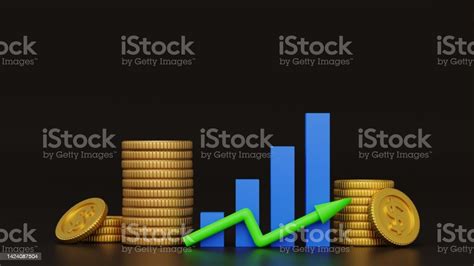 금화 더미가있는 비즈니스 그래프 또는 막대 차트 다이어그램 성장 사업 재무 개념 3d 렌더링 0명에 대한 스톡 사진 및 기타