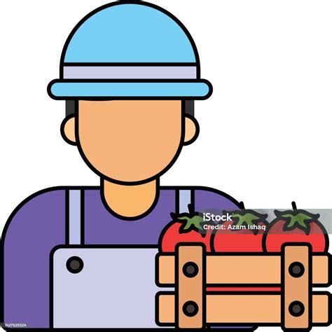 토마토 개념으로 상자를 들고있는 농부 에코 박스 벡터 컬러 아이콘 디자인 농장 및 원예 기호 마을 생활 표지판 시골 및 가축 재고 일러스트 레이 션이있는 야채의 가을 작물