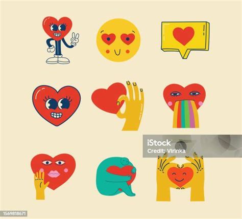 그루비 히피 사랑 스티커 세트 레트로 해피 발렌타인 데이 트렌디 한 복고풍 60 년대 70 년대 만화 스타일의 만화 행복한 마음 캐릭터 복고풍 캐릭터와 요소 아이콘에 대한