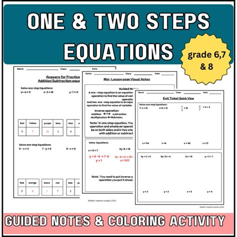 One And Two Step Equations Worksheets Guided Notes Coloring Activity
