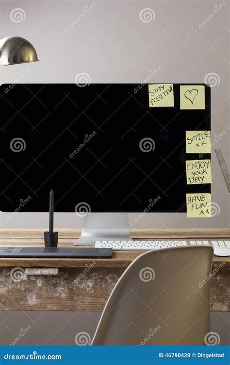 Computer Screen And Keyboard And Mouse On A Wood Table With Whit Stock