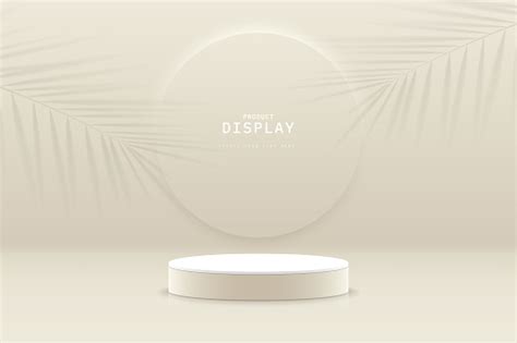 추상 화이트 크림 3d 실린더 연단 받침대는 벽 배경에 둥근 원 모양과 야자수 잎 그림자로 사실적입니다 제품 디스플레이를 위한 최소한의 장면 쇼케이스 3d 벡터 기하학적