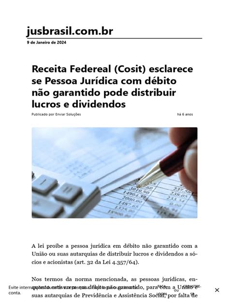 Receita Federeal Cosit Esclarece Se Pessoa Jurídica Com Débito Não Garantido Pode Distribuir