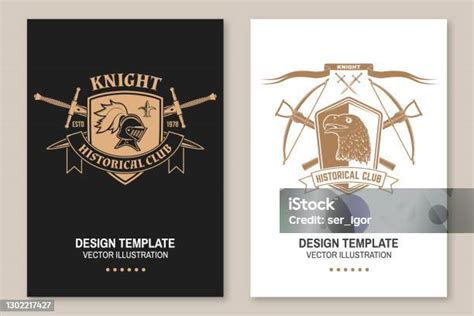 기사 역사 클럽 전단지 브로셔 배너 포스터 벡터 셔츠 인쇄 스탬프 오버레이 또는 템플릿에 대한 개념 기사 헬멧 석궁 독수리와 방패 실루엣 빈티지 디자인 갑옷에 대한 스톡