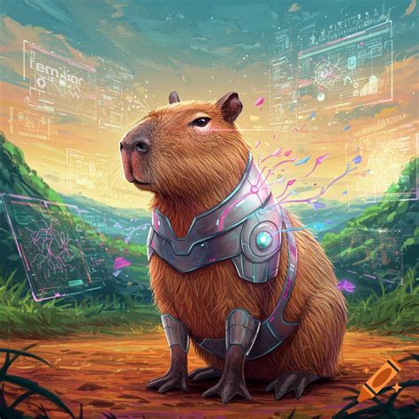 A Majestic Capybara In Metallic Superhero Armor Adorned With Glowing
