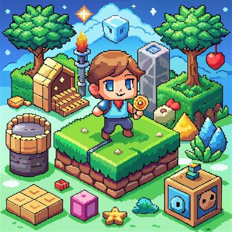 Pixel Art Character Standing On A Grassy Platform Surrounded By Various Pixelated Objects