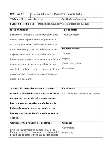 Ficha De Analisis De Textos Y Comprensión Lectora Pdf