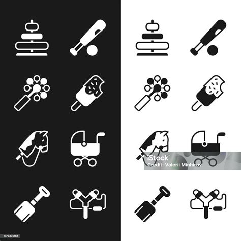 아이스크림 딸랑이 아기 장난감 피라미드 공이 있는 야구 방망이 장난감 말 유모차 새총과 삽 아이콘을 설정합니다 벡터 0명에 대한 스톡 벡터 아트 및 기타 이미지 Istock