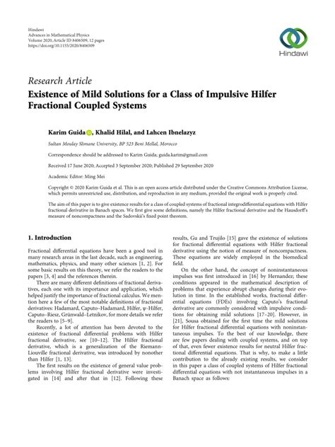 Pdf Existence Of Mild Solutions For A Class Of Impulsive Hilfer