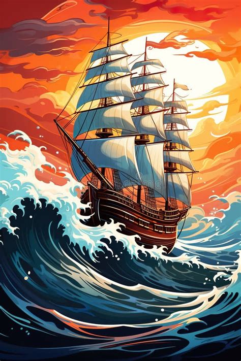 Colorful Illustration Of Old Ancient Wooden Sail Ship Pirate Sailboat