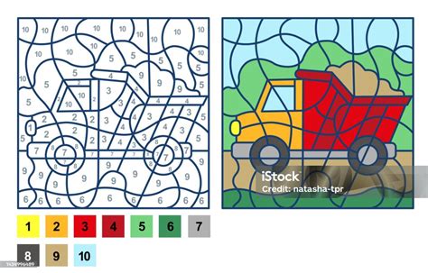 퍼즐 게임 트럭 자동차 어린이를위한 숫자 시트로 색상 숫자 학습을위한 벡터 색칠 공부 페이지 그림책에 대한 스톡 벡터 아트 및 기타 이미지 Istock