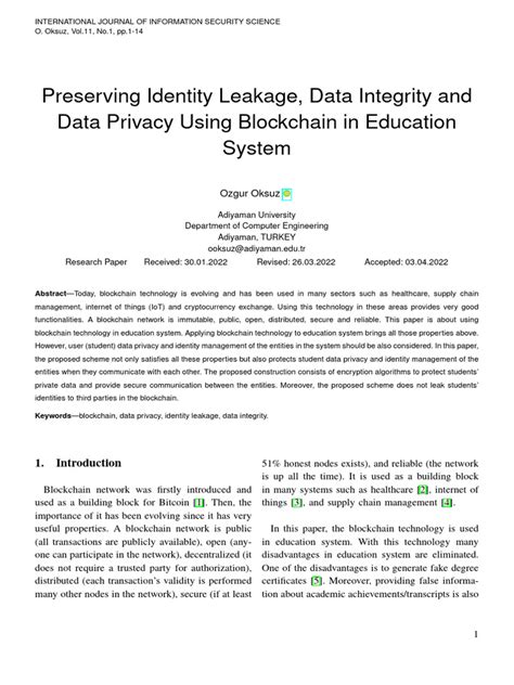 Preserving Identity Leakage Data Integrity And Data Privacy Using Blockchain In Education
