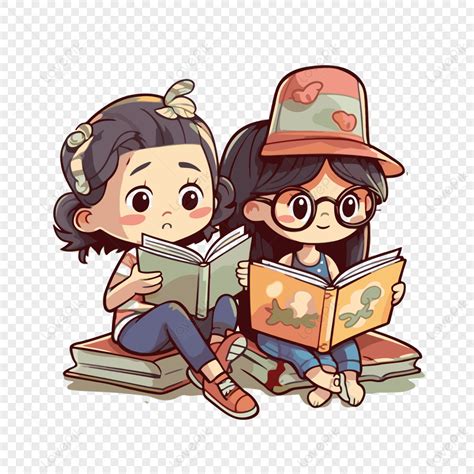 혼자 앉아 두 만화 여자 클립 아트를 읽고 벡터 상표 Png 일러스트 무료 다운로드 Lovepik