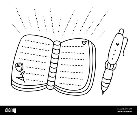 black line notepad and pen cute vector monochrome illustration stock