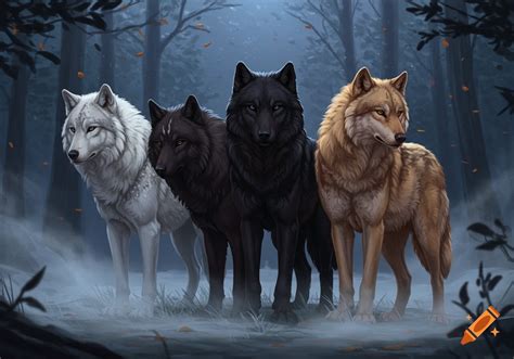 Four Wolves With Different Fur Colors Stand In A Misty Dark Forest On