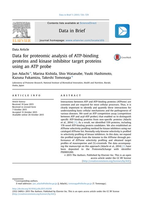 Pdf Data For Proteomic Analysis Of Atp Binding Proteins And Kinase