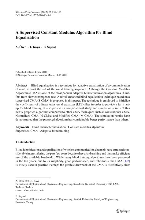 PDF A Supervised Constant Modulus Algorithm For Blind Equalization