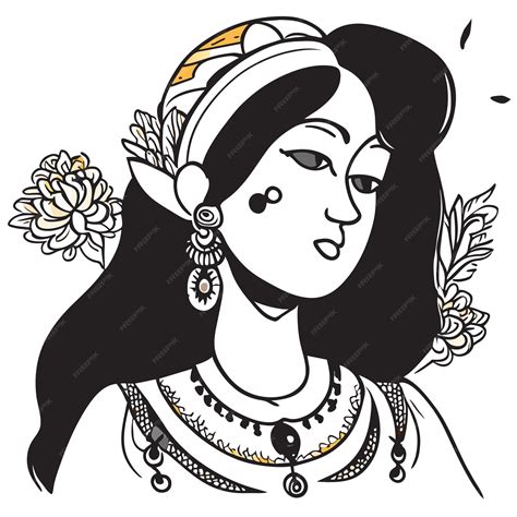 아름다운 인도 신부 사리 초상화 손으로 그린 만화 스티커 아이콘 개념 격리된 그림 프리미엄 벡터