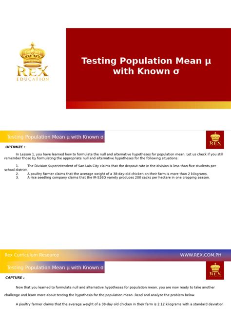 Testing Population Mean With Known Standard Deviation Pdf Null Hypothesis Standard Deviation