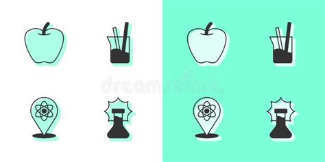 Set Explosion In The Flask Apple Atom And Laboratory Glassware Icon Vector Stock Vector