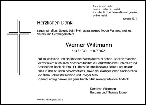 Traueranzeigen Von Werner Wittmann Vrm Trauerde