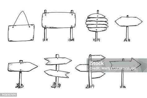 손으로 그린 간판 나무 방향 기호 스케치 스타일입니다 낙서 그리기 포인터 빈 플래카드 텍스트 복사 공간 화살표가 있는 표지판 길 포인터 정보 게시물 벡터 격리 그림 0명에