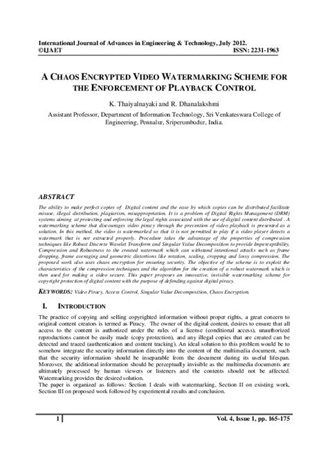 Pdf A Chaos Encrypted Video Watermarking Scheme For The Enforcement