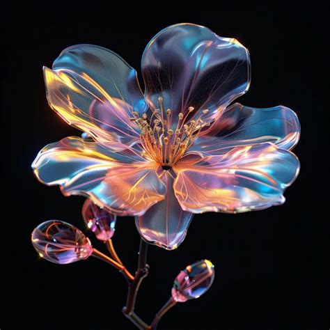 虹彩水晶梅花与精致的玻璃花瓣 中式发簪子，未来主义，极简主义，全息光效，黑色背景，灯光荧光，3d 专业花艺 花瓣网