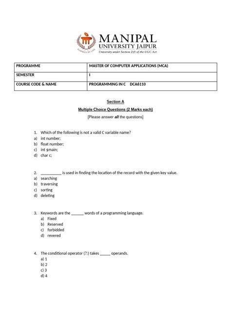 Manipalmcacprogrammingmodelquestion Paper Pdf Pointer Computer Programming Computer