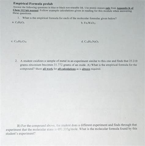 Solved Empirical Formula Prelab Answer The Following Chegg Com