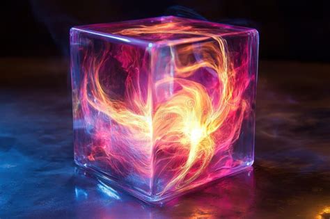 Colorful Light Patterns Emerge From A Glowing Crystal Cube On A Reflective Surface Stock
