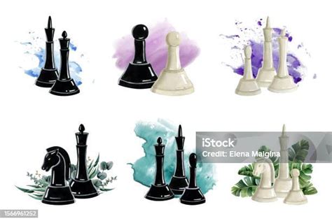 흑백 체스 말 배열 수채화 물감과 식물 배경에 설정된 삽화 왕 여왕 기사 루크 주교 폰의 손으로 그린 사실적인 클립 아트 개체 그룹에 대한 스톡 벡터 아트 및 기타 이미지