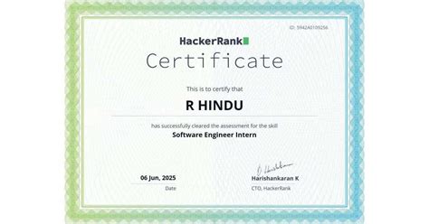 Earned The Software Engineer Intern Certificate From Hackerrank R Hindu