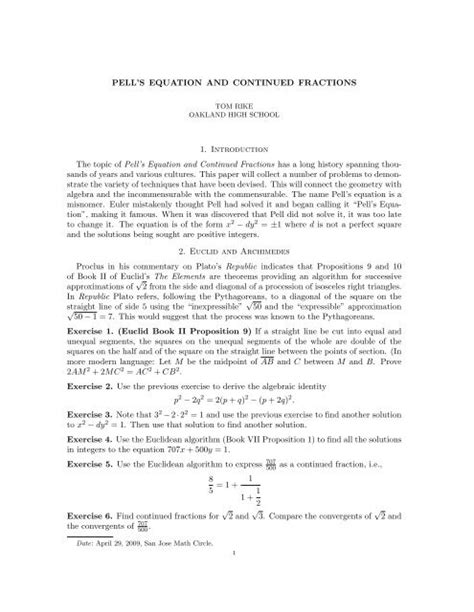 Pells Equation And Continued Fractions 1 Introduction