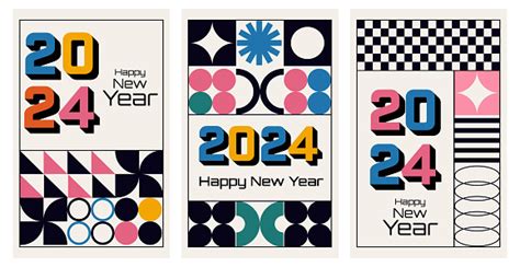 2024새해 복 많이 받으세요 포스터 세트 기하학적 스타일의 벡터 디자인 템플릿입니다 미니멀리즘 트렌디한 잔혹한 배경 벡터 그림 2024년에 대한 스톡 벡터 아트 및 기타