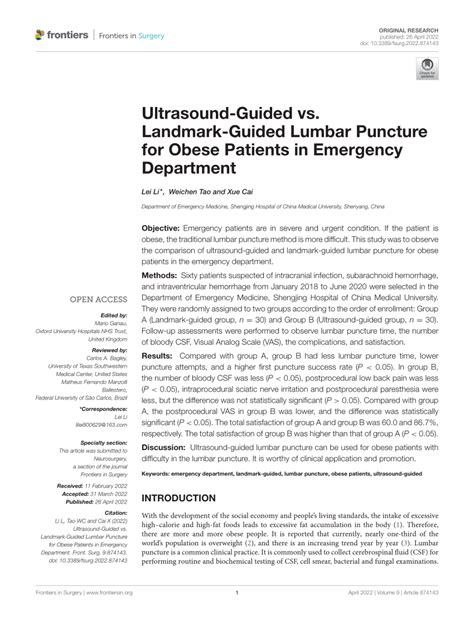 Pdf Ultrasound Guided Vs Landmark Guided Lumbar Puncture For Obese