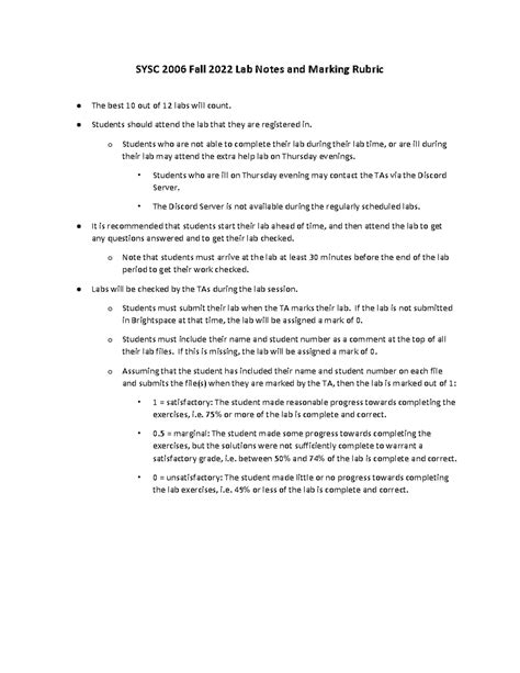 SYSC Fall Lab Notes And Marking Rubric SYSC Fall Lab Notes And Marking