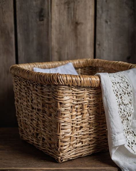 A Woven Rectangular Basket Sitting On A Wooden Surface Against A