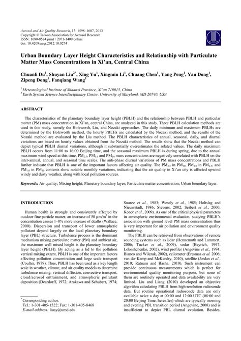 Pdf Urban Boundary Layer Height Characteristics And Relationship With Particulate Matter Mass