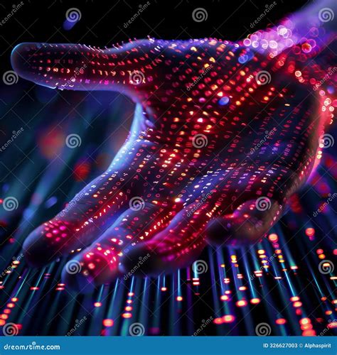 Close Up Of A Software Developer Hand Touching A Digital Data Flow With Binary Code Stock Image